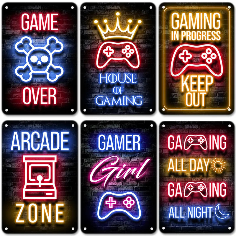 Neon Gaming Gamer Poster Vintage Metal Tin Signs Sleep Game Retro Meta ...